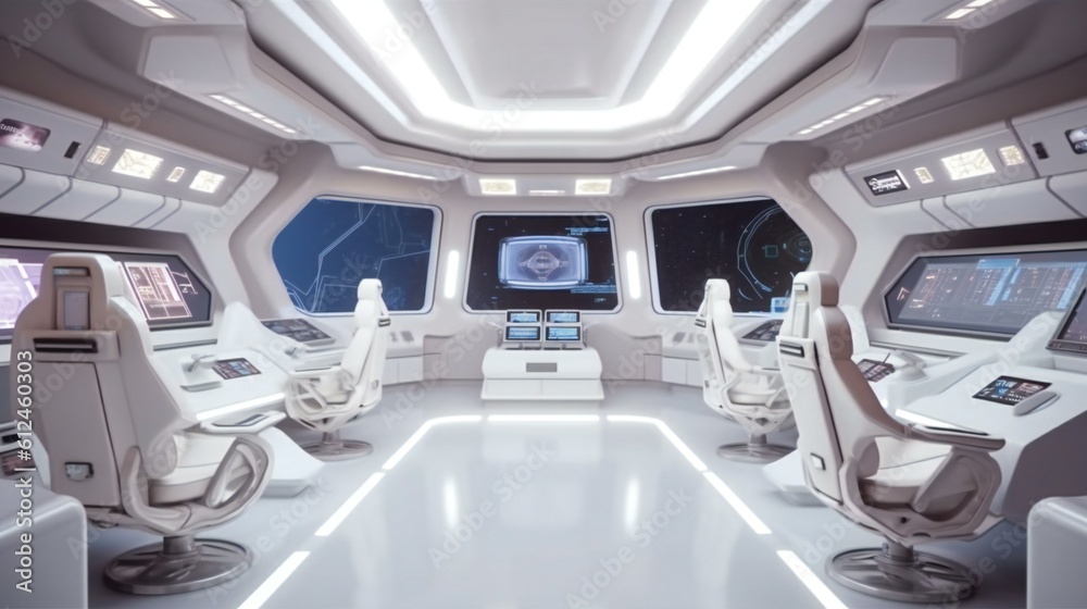 Futuristic Spacecraft Command Center, White Sleek Design, Advanced ...