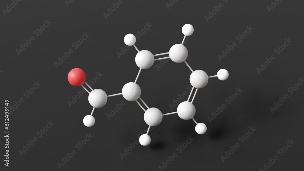 benzaldehyde molecule, molecular structure, aromatic aldehyde, ball and ...