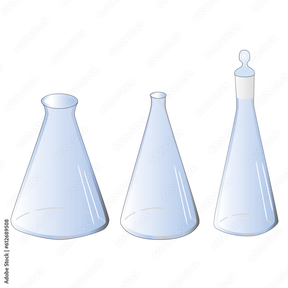2D illustration of a chemical glassware set: three conical Erlenmeyer ...