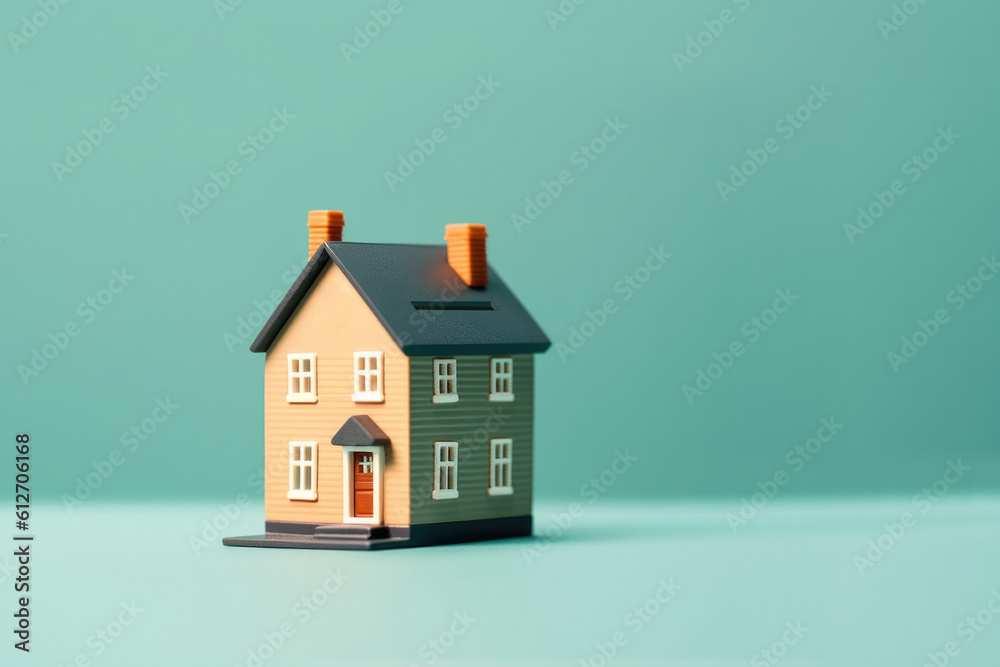 Miniature house coin bank on coloured background. Created with AI ...