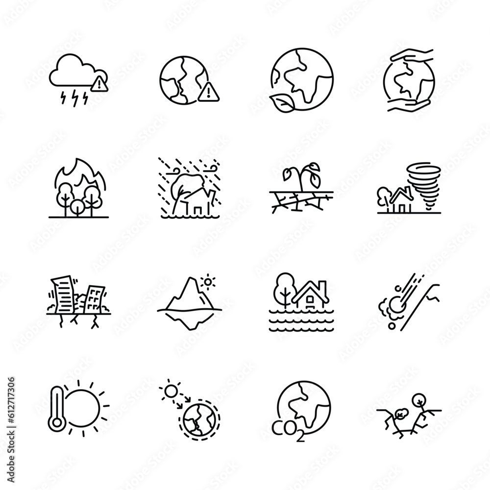 Set of greenhouse effect, climate change icons, Global warming effect ...
