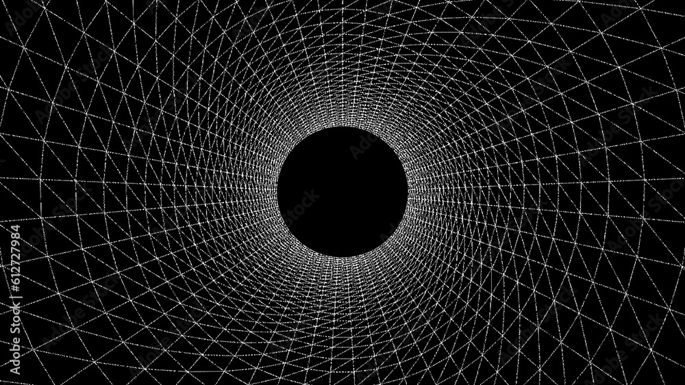 The dark funnel of the future. space travel tube in wireframe. Black ...