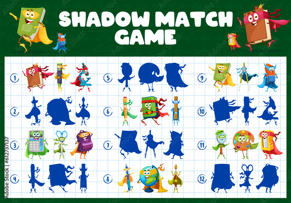 Shadow match game. Cartoon stationery superhero characters kids puzzle ...