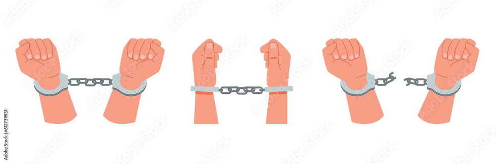 Handcuffed hand set, prisoners arms. Human in jail. Breaking chain ...