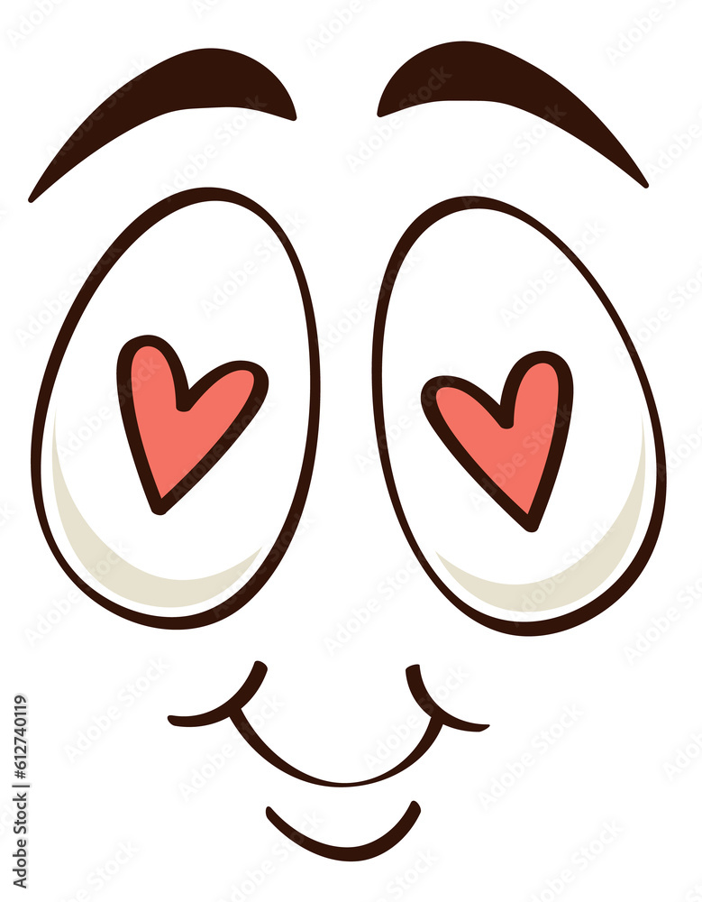 Cartoon face. Cute character with heart in eyes, smile on lips, mascot ...