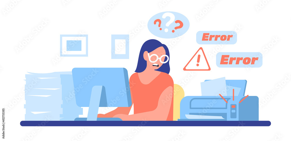 Printer broke. Girl upset by copier breakdown and lots of papers ...