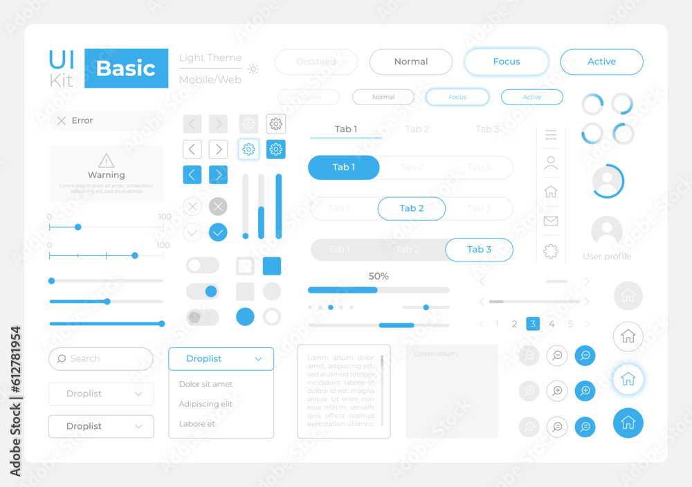 Basic system settings UI elements kit. Editable isolated vector components. Navigation. Web ...