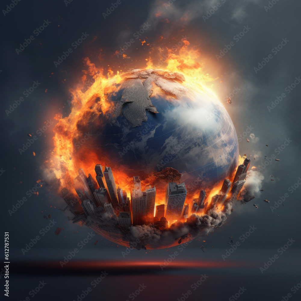 ภาพประกอบ Stock Earth globe collapse, burning, destroyed by fire ...