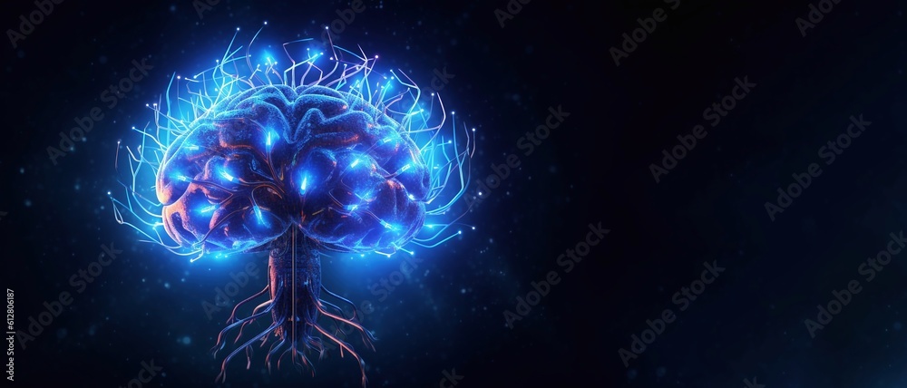 Stock-Illustration „Futuristic blue digital brain in cyberspace. Neurons firing in MRI scan of ...