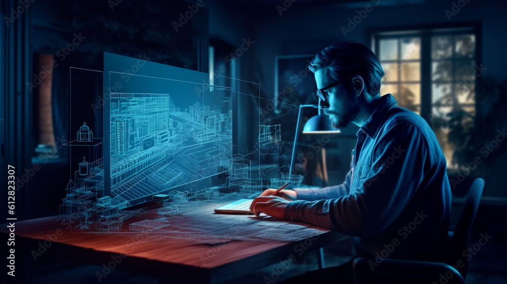 engineer works at home designing architecture plans with futuristic ...