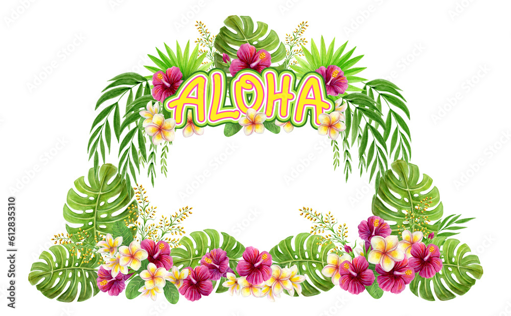 Tropical frame Aloha Hawaii greeting. Hand drawn watercolor painting ...