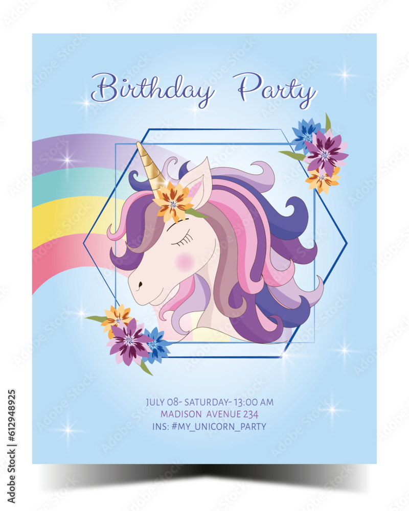 Cute unicorn invitation with flowers, rainbow, and frame. Ready to ...