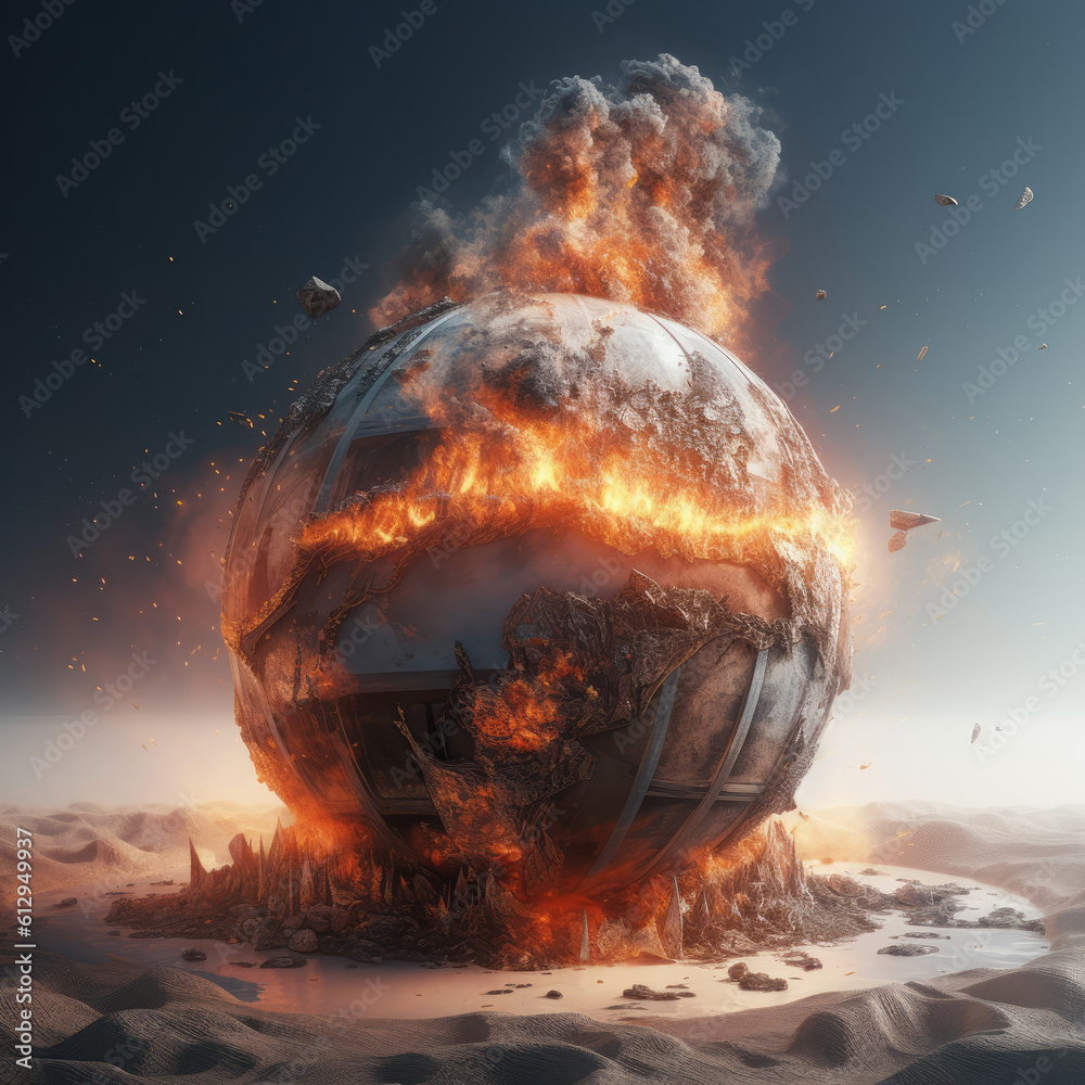 Carbonized Earth globe destroyed by fire, collapsing and burning on ...