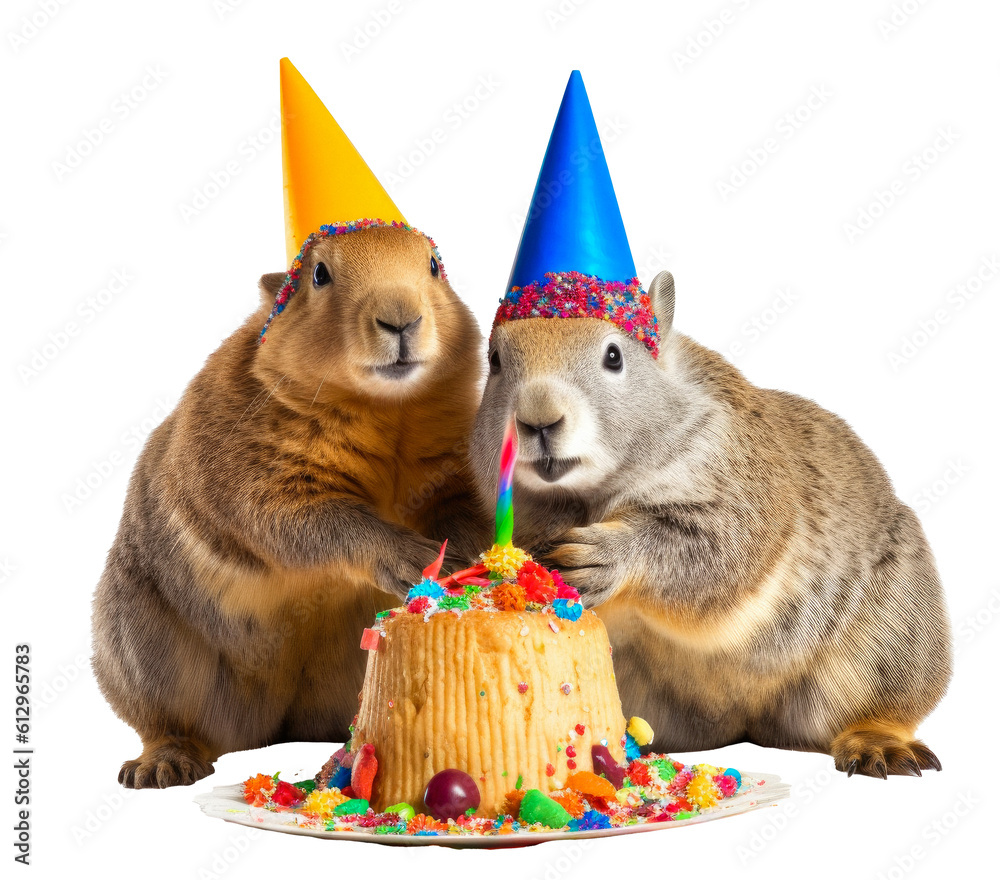 Capybaras with party hats and a birthday cake on a transparant ...