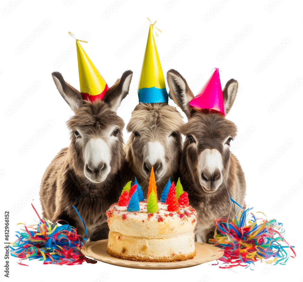 Donkeys with party hats and a birthday cake on a transparant background ...