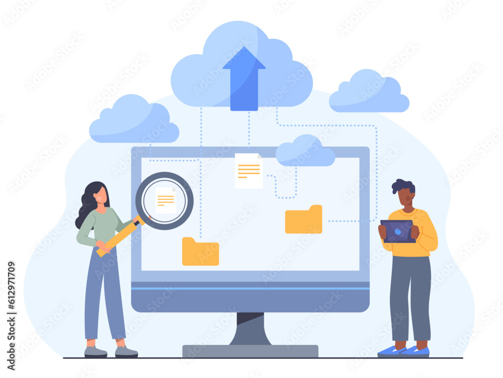 People with clouds data concept. Online service for storing and sharing ...