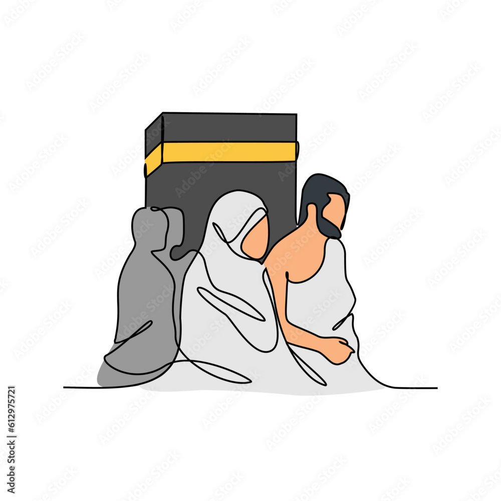 One continuous line drawing of ceremony of Hajj Day. Islamic holiday ...