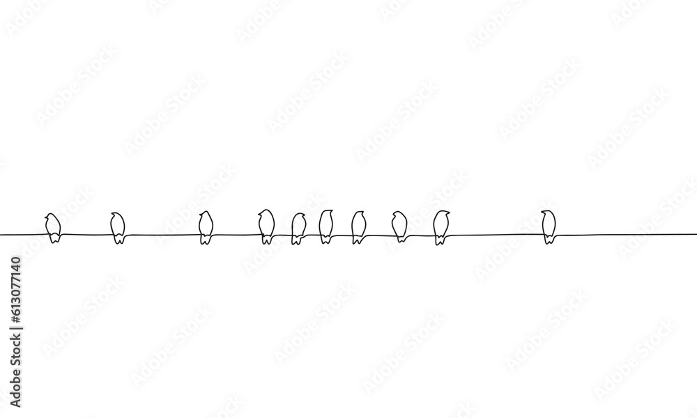 Continuous line drawing of many birds sitting in row. Vector ...