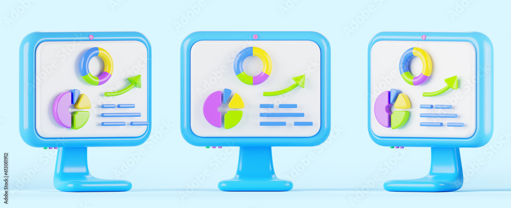 Computer monitor icons with pie charts and growth graphs front and side ...