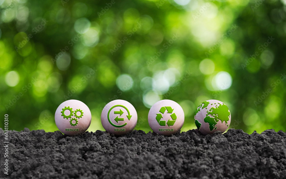 Environmental concept. Word reduce, reuse, recycle on small round ...