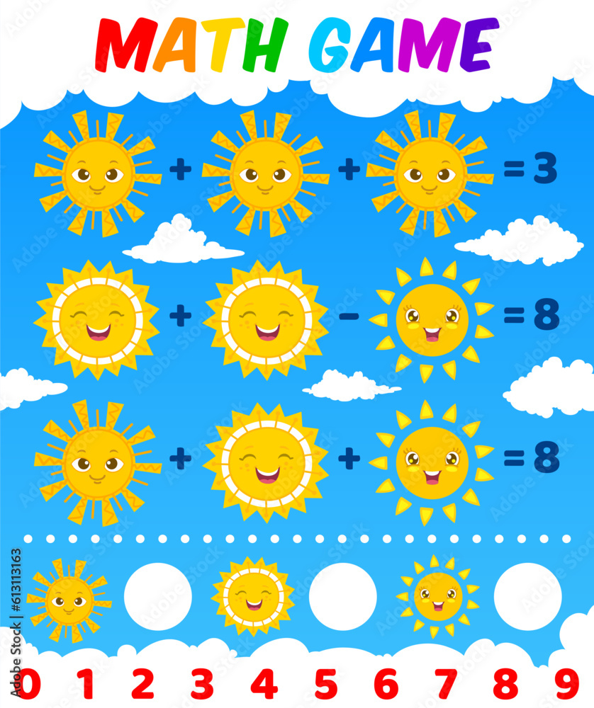 Math game worksheet. Cartoon sun characters. Children education game ...