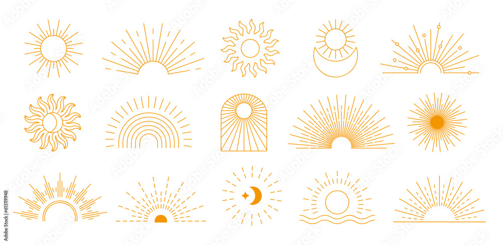 Bohemian sunburst. Sunrise symbol, sun and moon rays. Symbolic ...