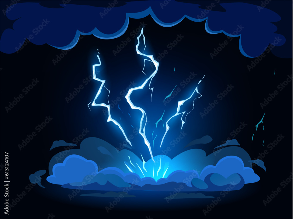 Cartoon lightning strike. Thunderbolt hit from thunderstorm clouds ...
