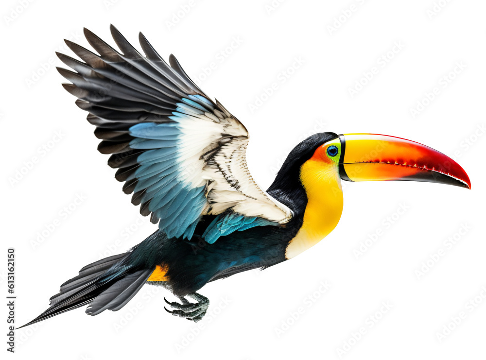 Flying toucan isolated on the transparent background PNG. Top view. AI ...