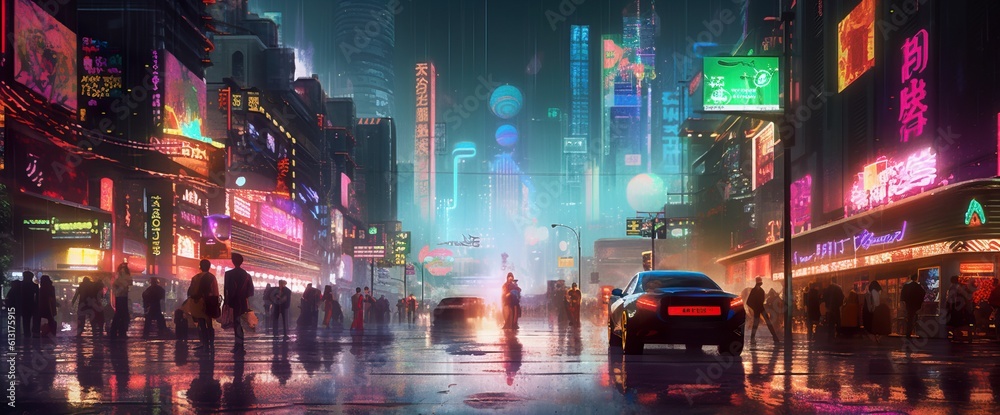 Cyberpunk neon city street at night. Futuristic city scene in a style ...