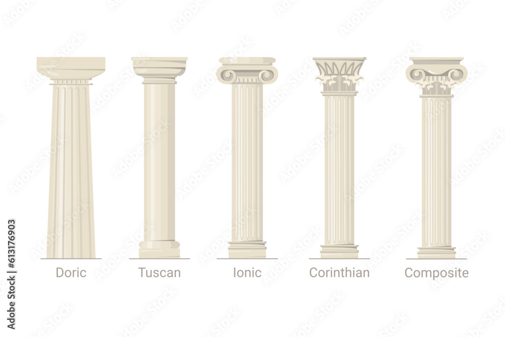 Image vectorielle Stock Five classical orders vector illustrations set. Cartoon drawings of five ...