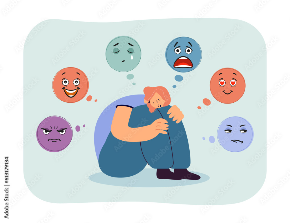 Different facial expressions and sad girl hugging knees. Funny faces or ...