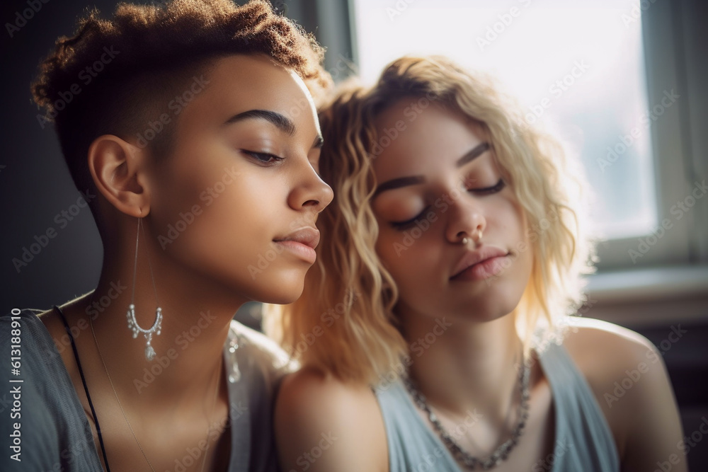 Multicultural generative ai lesbian couple practicing mindfulness ...