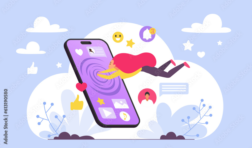 Danger of social media addiction vector illustration. Cartoon tiny ...