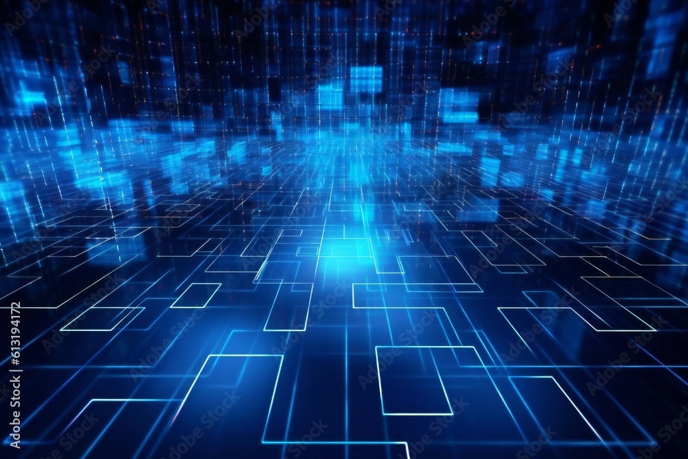 Blue data matrix simulation digital line and grid technology with ...