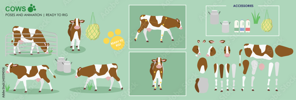 Brown cow ready to animate with multiple poses accessories. Vector file ... Brown cow ready to animate with multiple poses accessories. Vector file ...