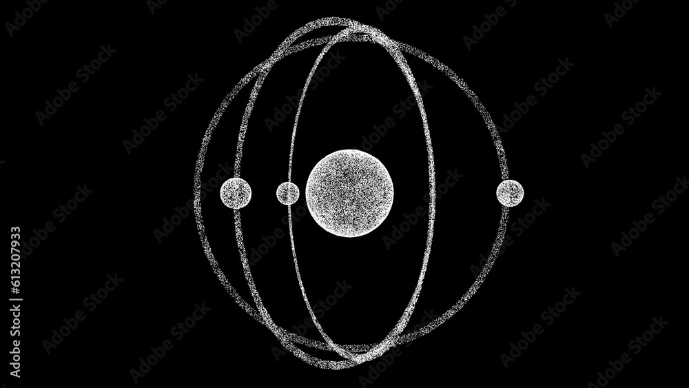 3D atom model with a nucleus and electrons on black bg. Object ...