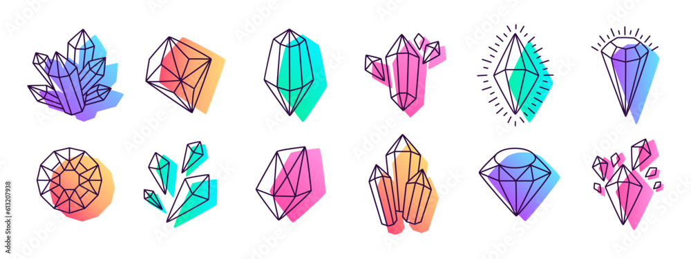Crystal gemstones. Hand drawn colorful gems, line art crystals flat ...