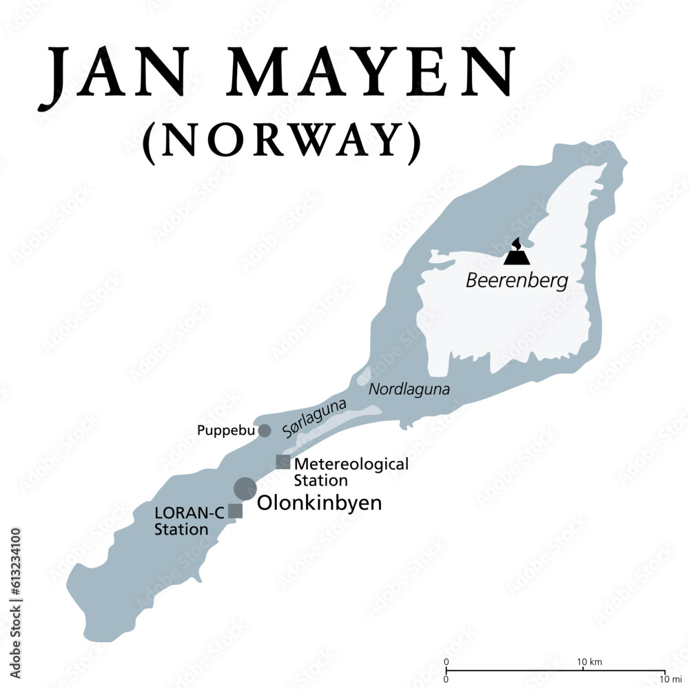 Jan Mayen, gray political map. Norwegian volcanic island in Arctic ...