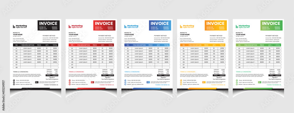 Corporate business colourful invoice template design with a4 size company invoice layout. Stock ...