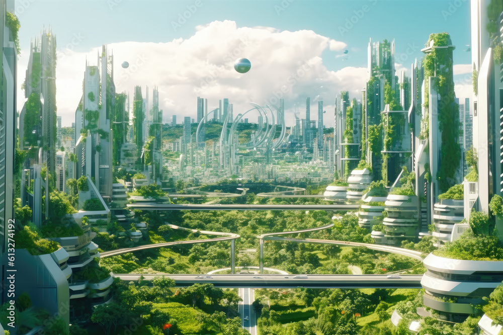 Metropolis friendly ecology mega city buildings and towers, green ...