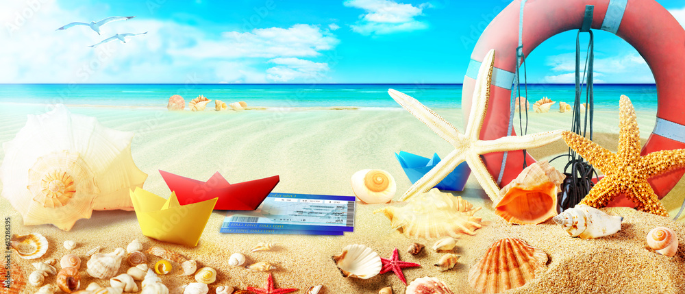 Strand Motiv mit Seestern und Muscheln Stock Photo | Adobe Stock