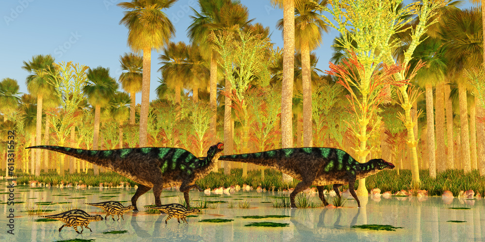 Maiasaura Dinosaurs cross Swamp - Two Maiasaura Hadrosaur dinosaurs ...