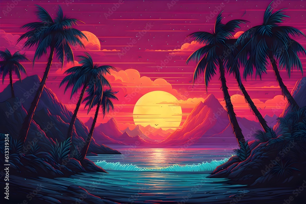 Beautiful beach landscape in a 80s Retrowave theme. Mountain ranges and ...