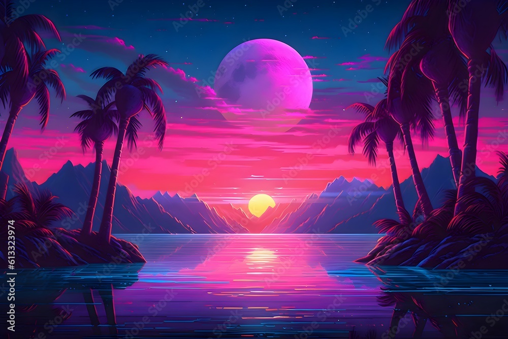 Beautiful tropical beach landscape in a 80s Retrowave theme. Mountain ...