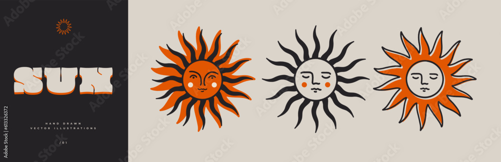 Banner with three sun icons. Collection of sun pictograms. Vector ...
