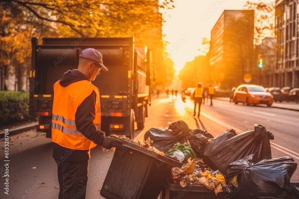 Garbage worker collecting trash in urban suburb, cleaning the streets ...