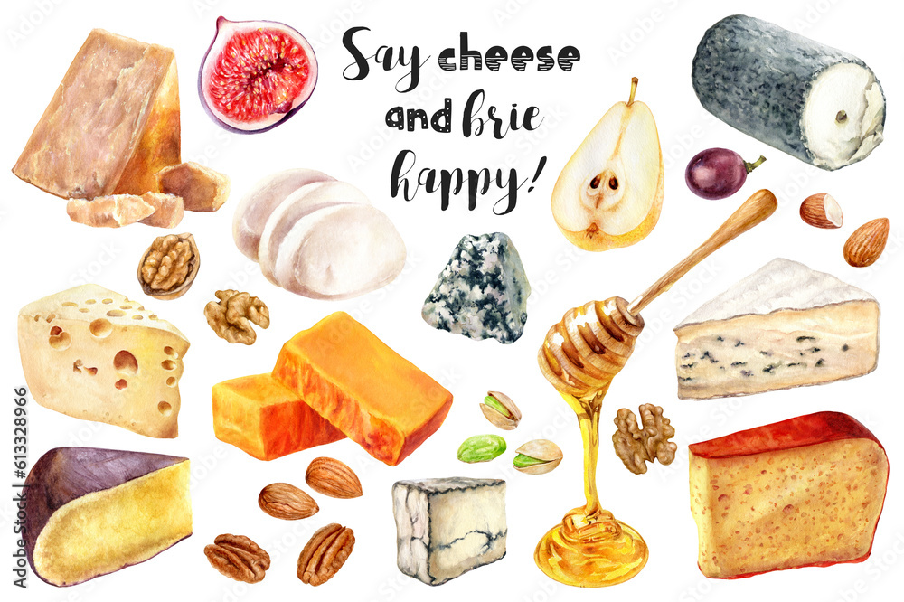 Watercolor illustration of cheesse set close up. A hand-drawn set of ...