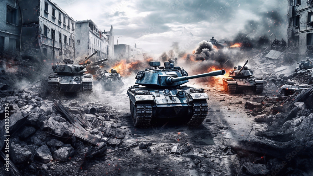 Battlefield actions, different military warships gunfire. Explosion and ...