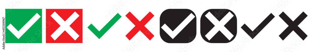 Green check mark, red cross mark icon set. symbols, checklist signs ...
