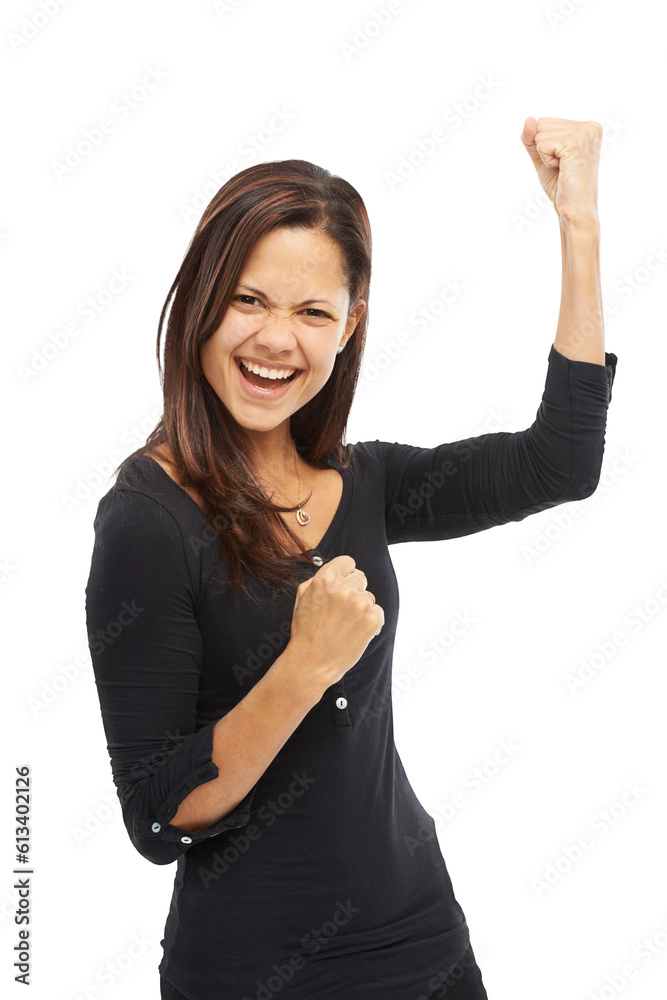 Excited, fist pump and celebration, woman in portrait with reaction to ...